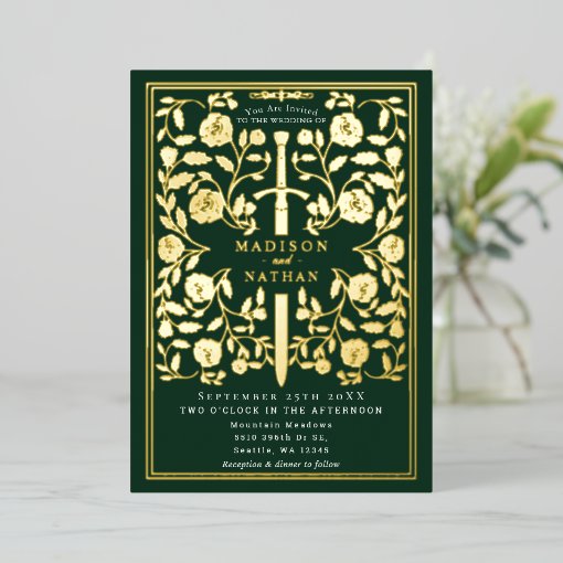 Green Royal Medieval Sword Wedding Foil Invitation | Zazzle