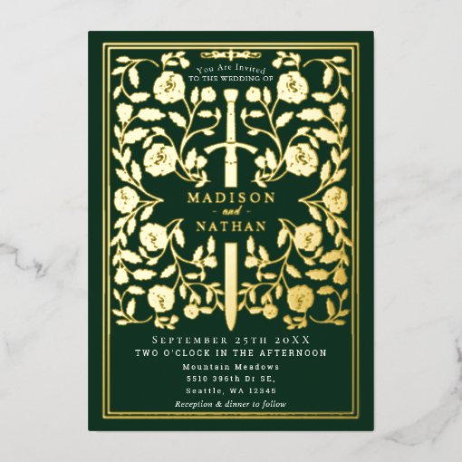 Green Royal Medieval Sword Wedding Foil Invitation | Zazzle