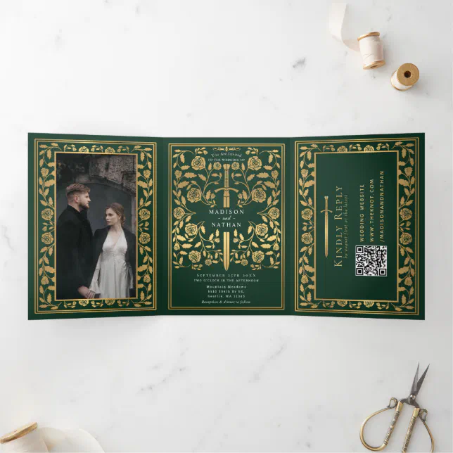 Green Royal Medieval Sword Wedding QR Code Tri-Fold Invitation | Zazzle