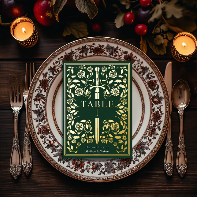 Green Royal Medieval Sword Wedding Table Card | Zazzle