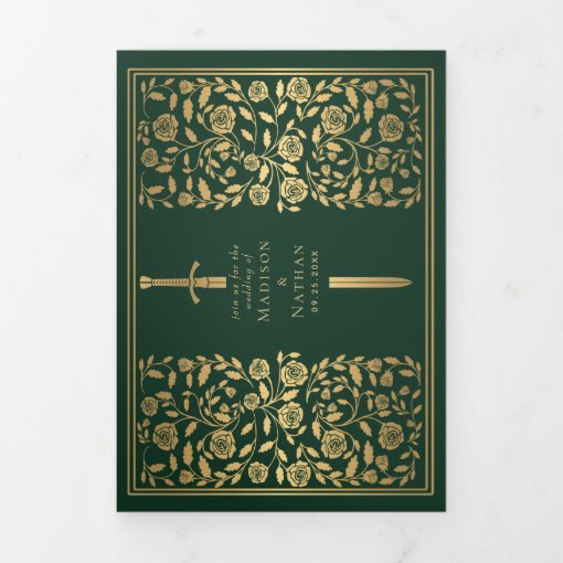Green Royal Medieval Sword Wedding Tri-Fold Invitation | Zazzle