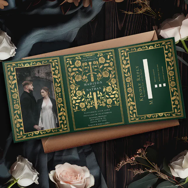 Green Royal Medieval Sword Wedding Tri-Fold Invitation | Zazzle