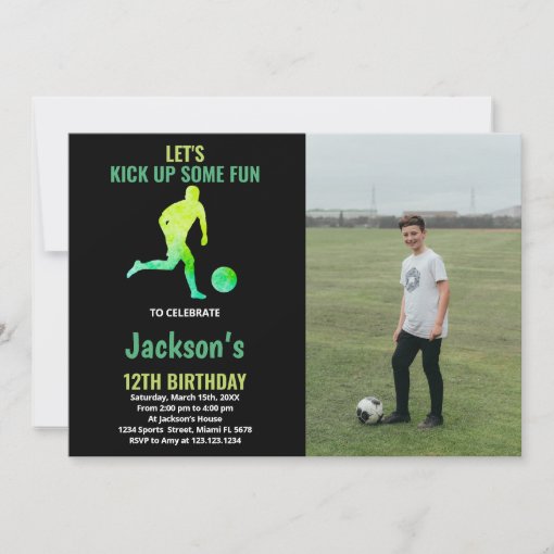 Green Running Soccer Birthday with photo Invitation | Zazzle