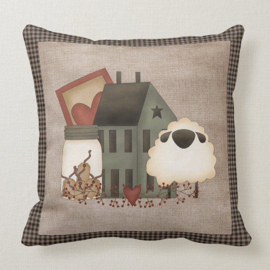 Green Saltbox Home With Sheep - Primitive Country Throw Pillow | Zazzle.com