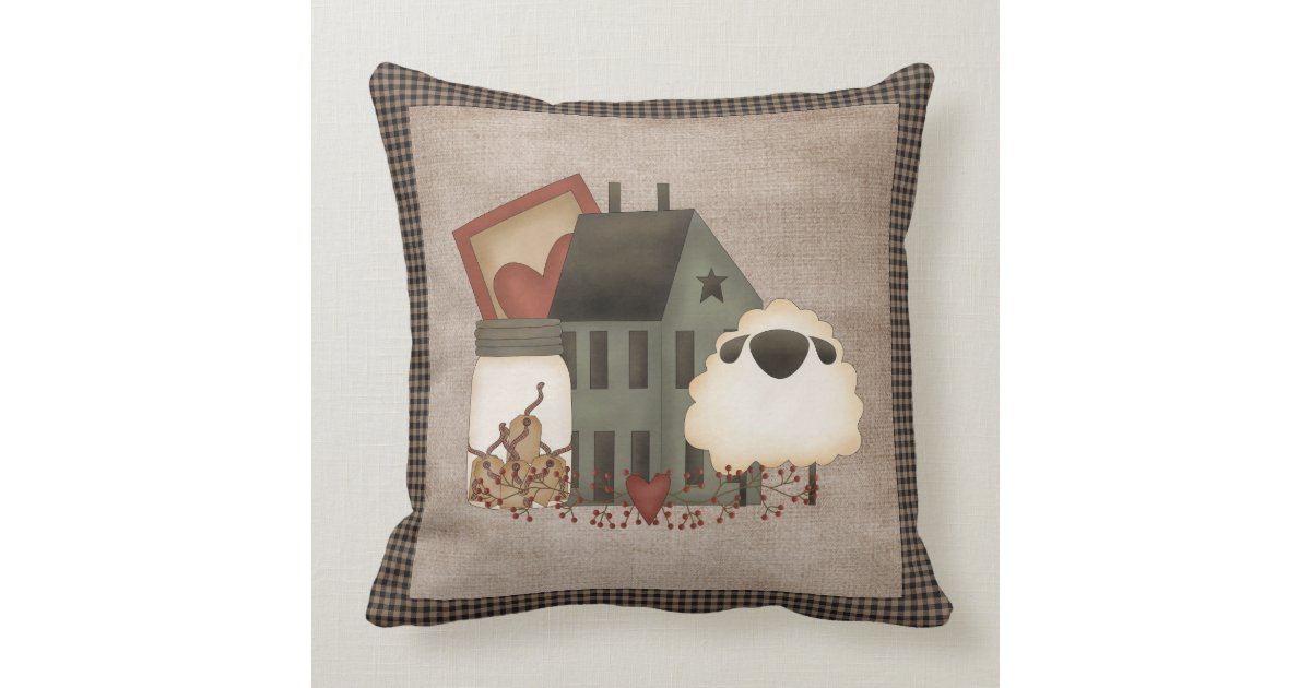 Green Saltbox Home With Sheep - Primitive Country Throw Pillow | Zazzle.com