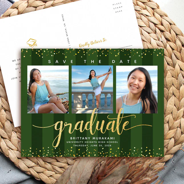 Green save the date graduation photo gold glitter invitation postcard ...