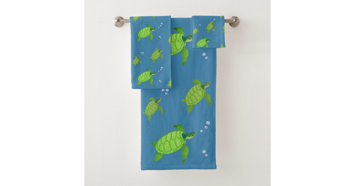 Green Sea Turtles on Turquoise Blue Bath Towel Set | Zazzle