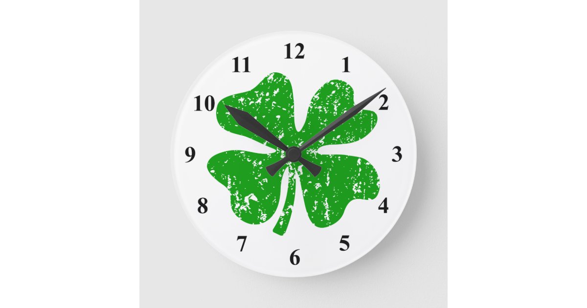 Green shamrock lucky four leaf clover wall clock | Zazzle