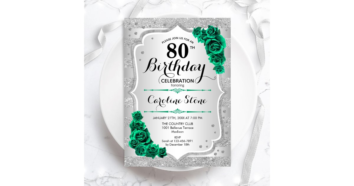 Green Silver Elegant Floral 80th Birthday Invitation | Zazzle