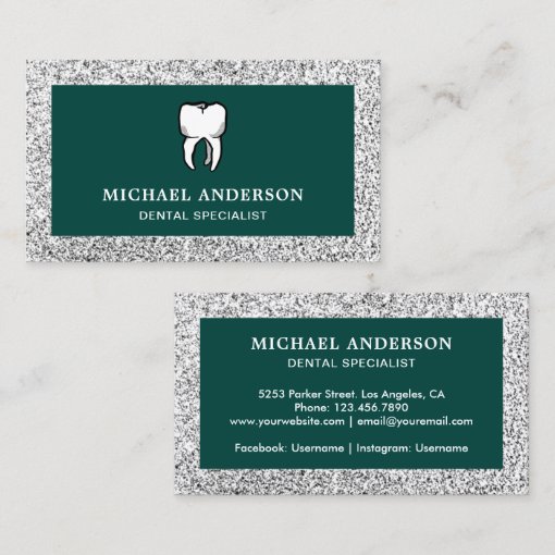 Green Silver Glitter Tooth Dental Clinic Dentist Business Card | Zazzle