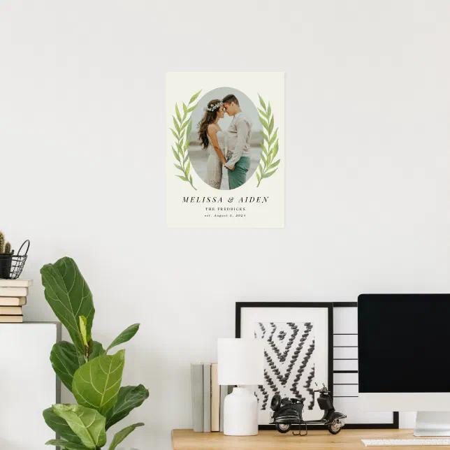 Green Simple Branch Oval Wedding Photo Established Poster | Zazzle