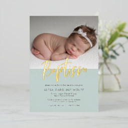 Green Simple Modern Calligraphy Baptism Photo Foil Invitation | Zazzle