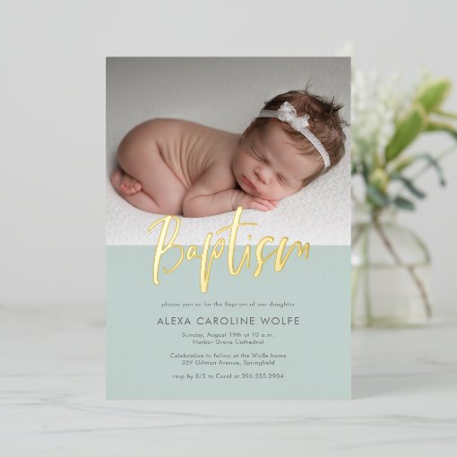Green Simple Modern Calligraphy Baptism Photo Foil Invitation | Zazzle