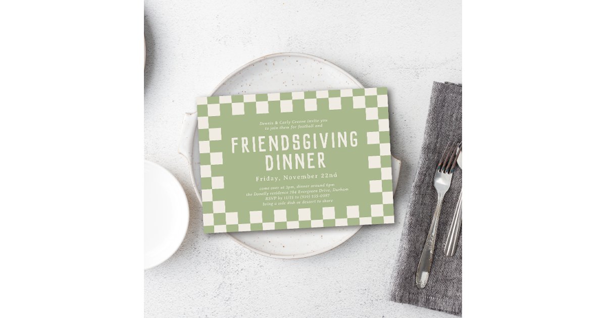 Green Skater Checkerboard Friendsgiving Dinner Invitation | Zazzle