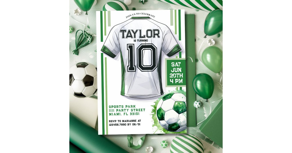 Green Soccer Sports Boy Jersey Kids Birthday Party Invitation | Zazzle