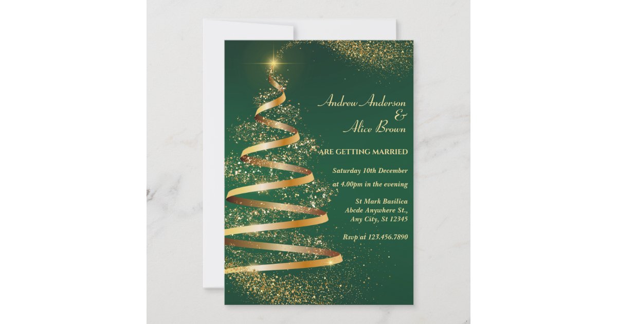 Green sparkle christmas tree wedding Invitation | Zazzle