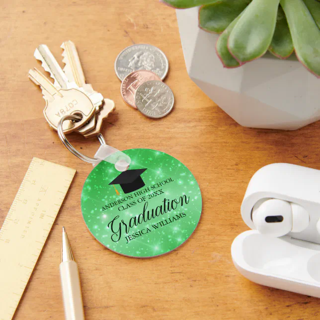 Green Sparkle Graduation Chic Custom Graduate Keychain | Zazzle