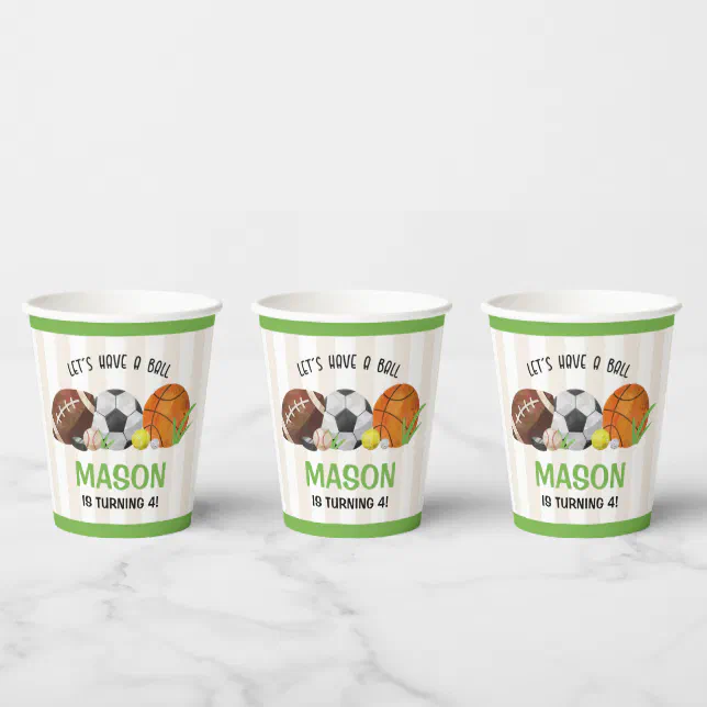 Green Sports Football Basketball Birthday Party Paper Cups | Zazzle