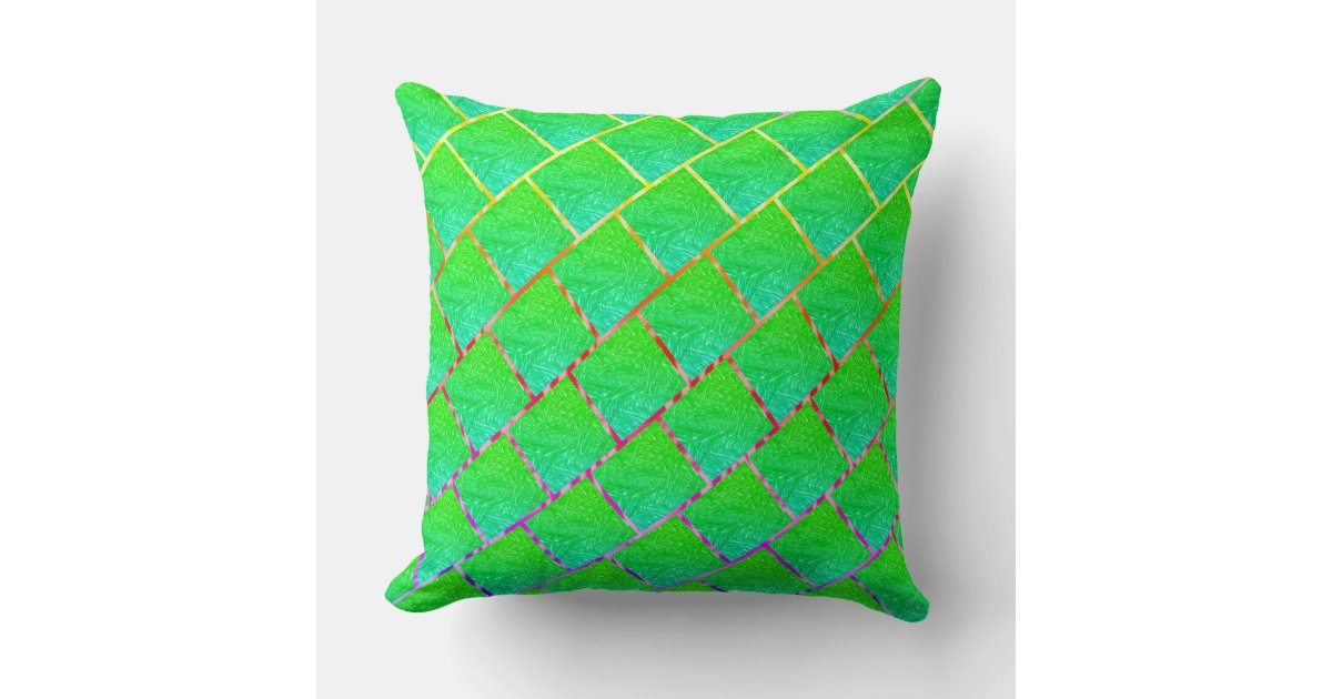 Green squares separated by lines in three colors throw pillow | Zazzle