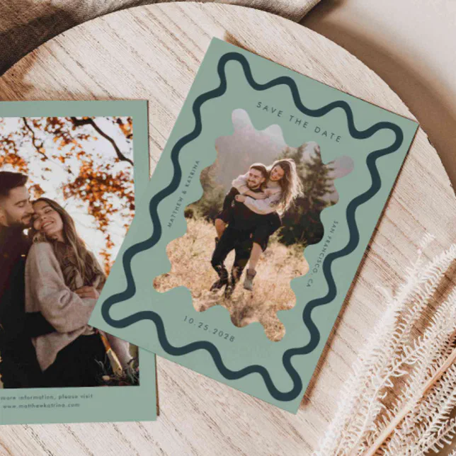 Green Squiggly Wavy Frame Wedding Save The Date | Zazzle