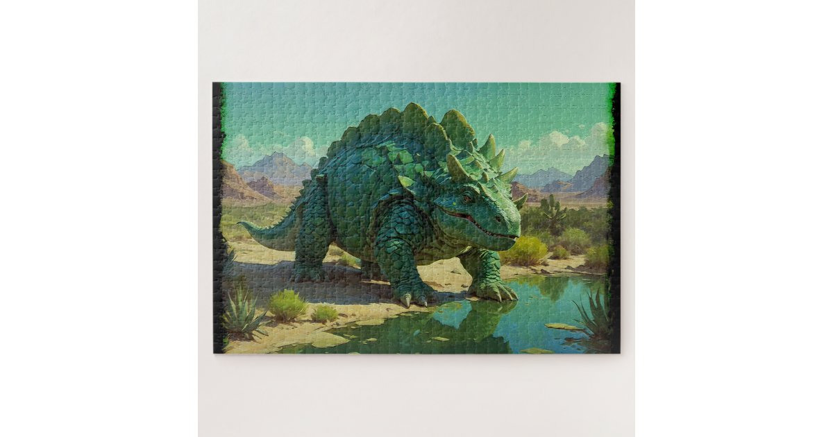 Green Stegosaurus and Desert Pool Jigsaw Puzzle | Zazzle