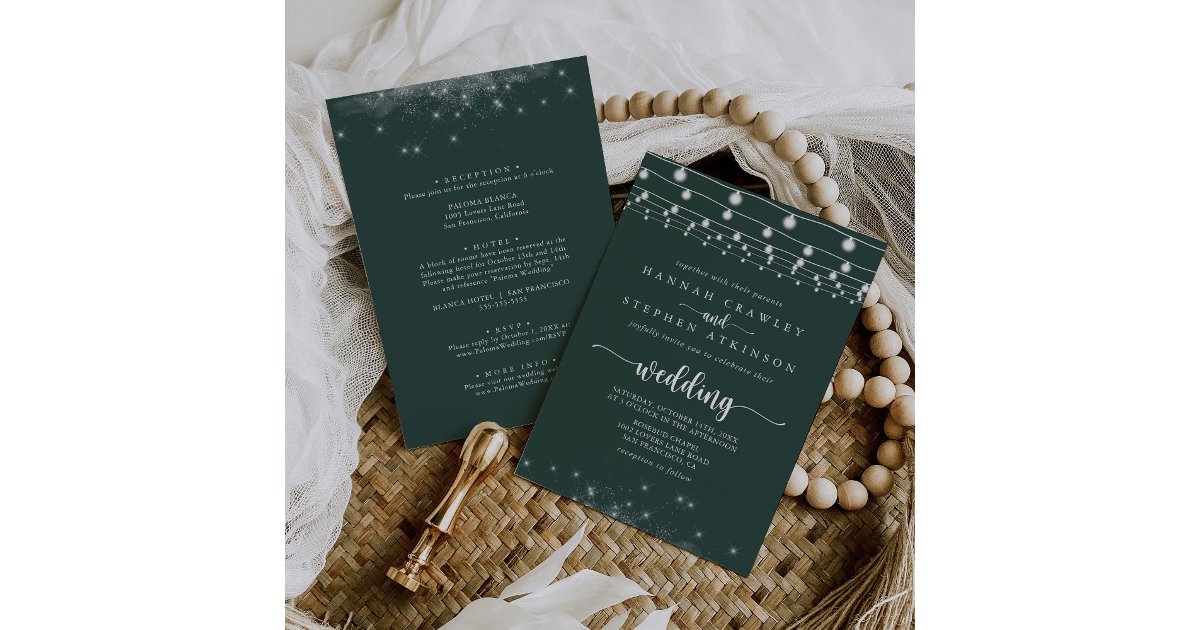 Green String Lights Stars Front & Back Wedding Invitation | Zazzle