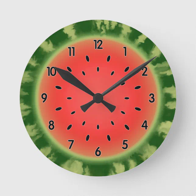 Green Striped Watermelon Slice Round Clock | Zazzle