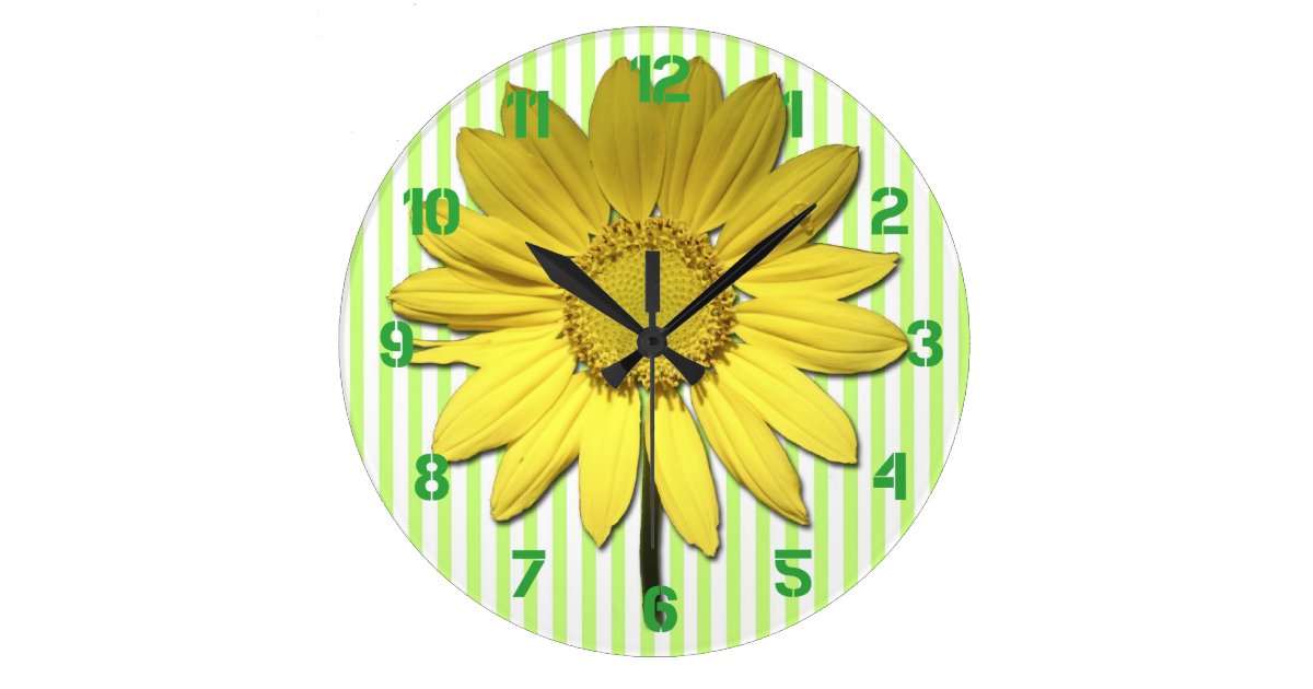 Green Stripes Yellow Daisy Wall Clock | Zazzle