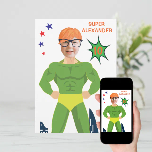 Green Superhero Muscle Man Aqua Fun Birthday Invitation | Zazzle