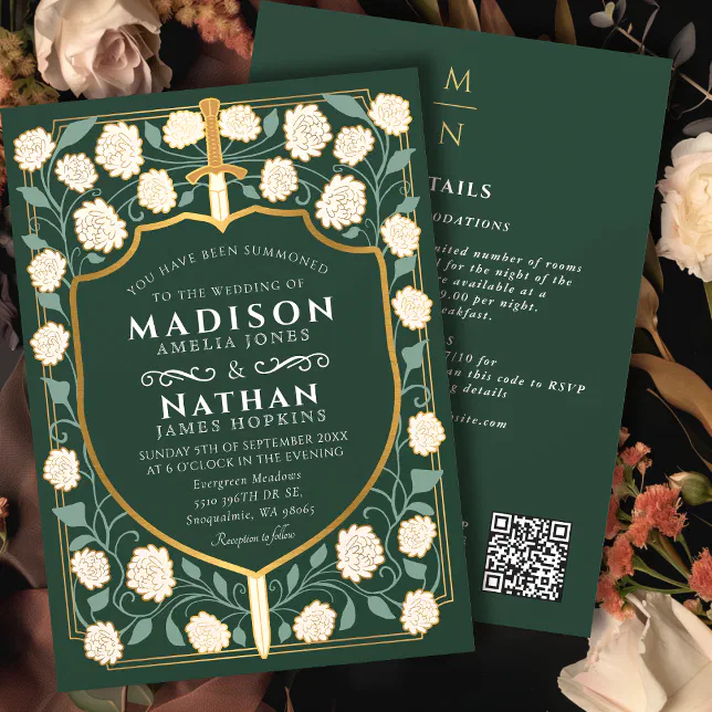 Green Sword Shield Fantasy Wedding QR Code Invitation | Zazzle