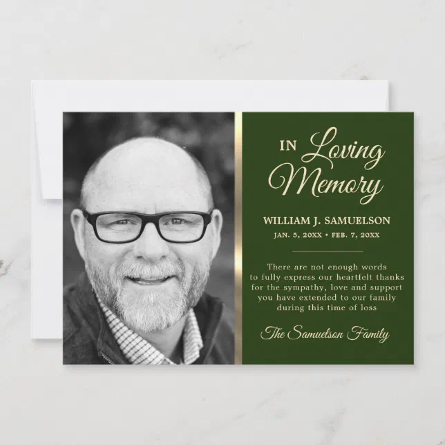 Green Sympathy Funeral Memory THANK YOU Photo Invitation | Zazzle