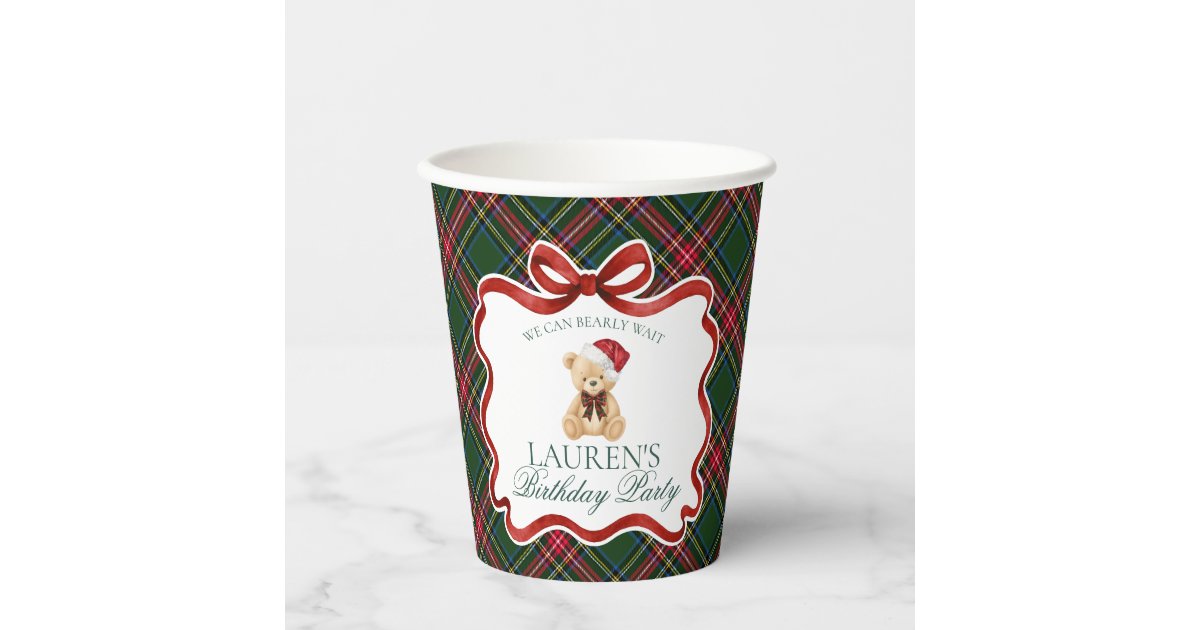Green Tartan Plaid Christmas Bear Birthday Party Paper Cups | Zazzle