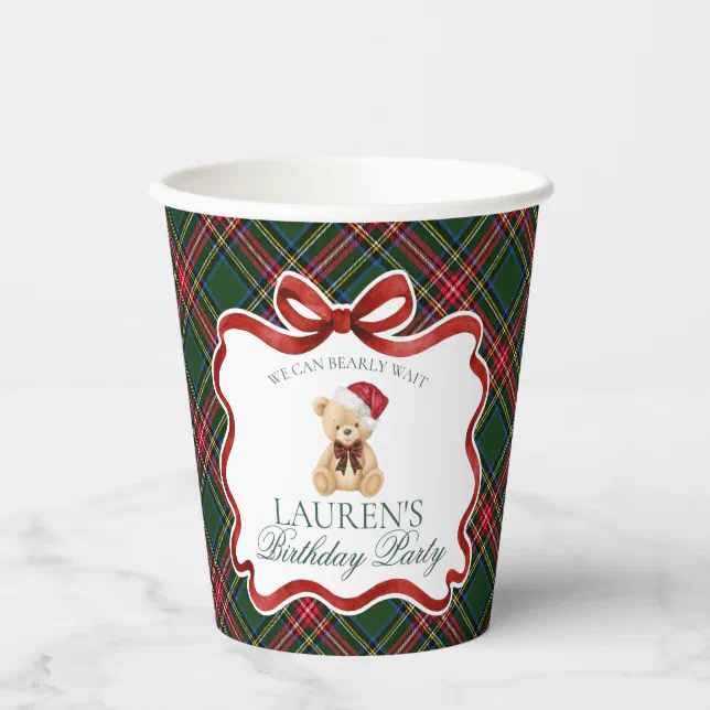 Green Tartan Plaid Christmas Bear Birthday Party Paper Cups | Zazzle