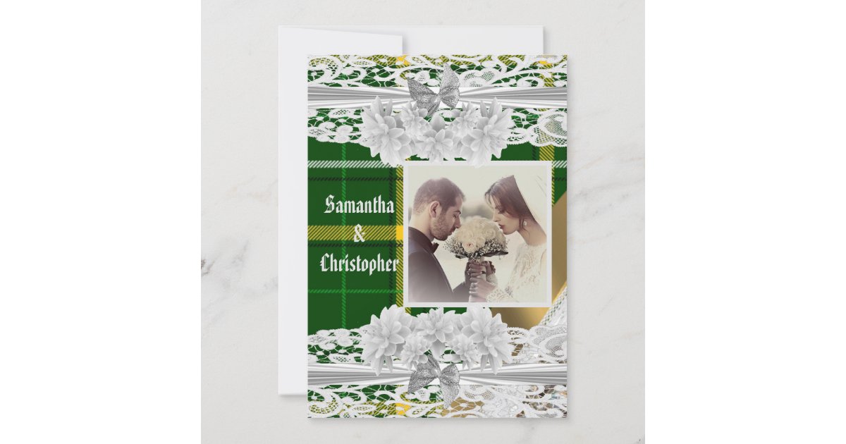 Green tartan plaid lace wedding photo invitation | Zazzle