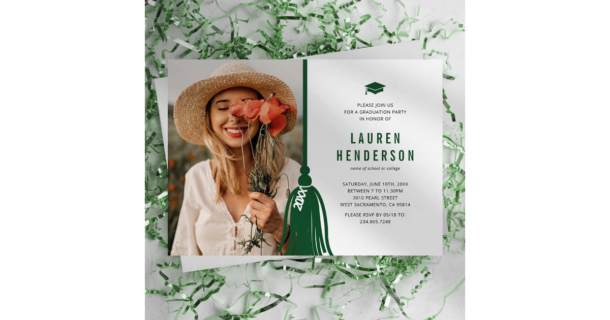 Green Tassel Photo Graduation Party Invitation | Zazzle