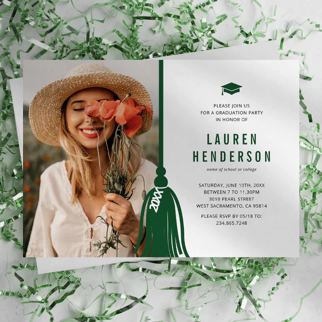 Green Tassel Photo Graduation Party Invitation | Zazzle