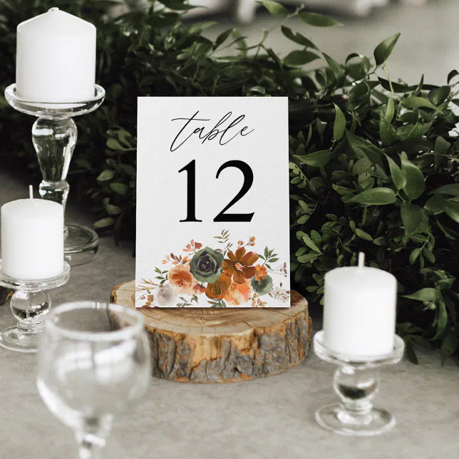 Green & Terra Cotta Floral Table Number | Zazzle