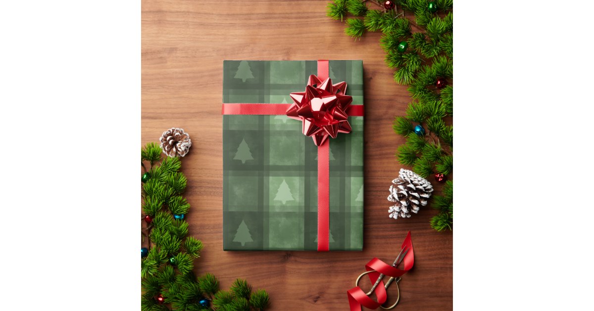 Green Textured Plaid With Fir Trees Christmas Wrapping Paper | Zazzle