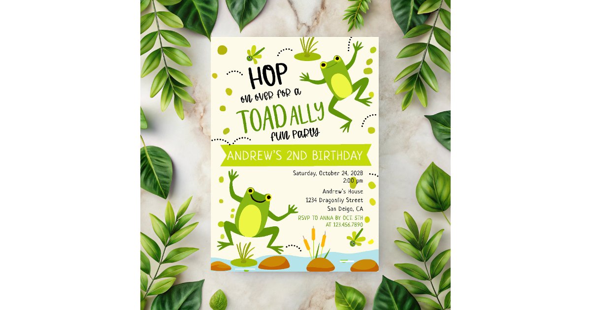 Green TOADally Fun Frog Kids Birthday Party Invitation | Zazzle