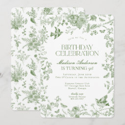 Green Toile De Jouy French Floral Birthday Party Invitation | Zazzle