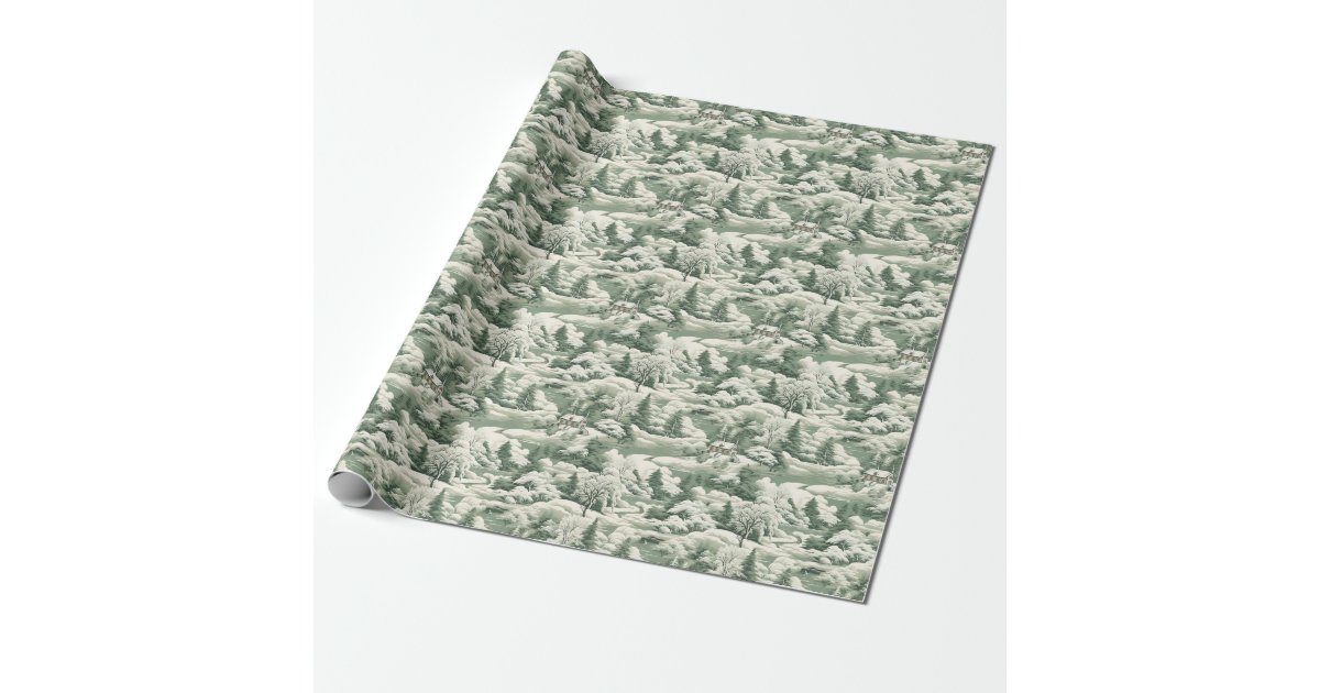 Green Toile Snowy Landscape Wrapping Paper | Zazzle