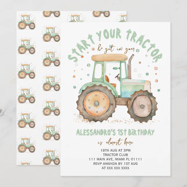 Green Tractor 1st Birthday Invitation | Zazzle