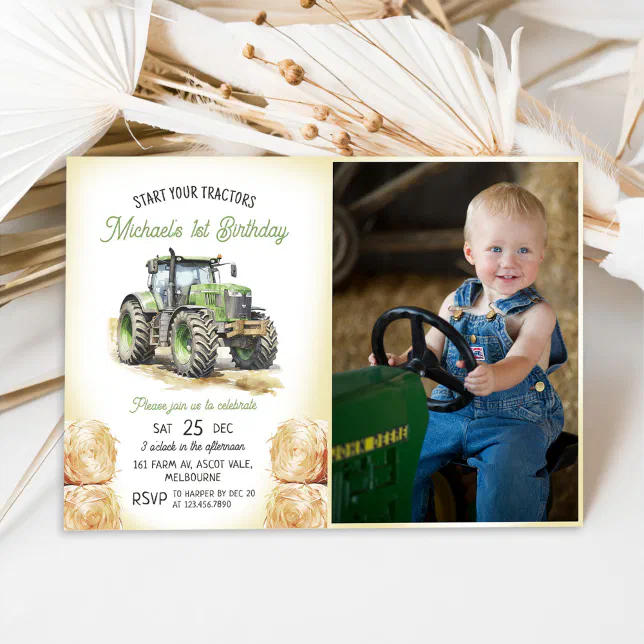 Green Tractor 1st Birthday Party Photo Invitation | Zazzle