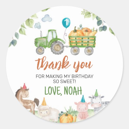 Green Tractor Farm Animals Birthday Labels | Zazzle