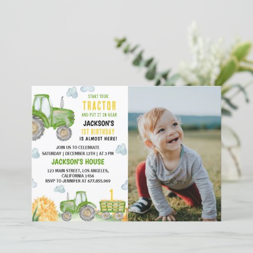 Green Tractor Farm Birthday Party Invitation | Zazzle