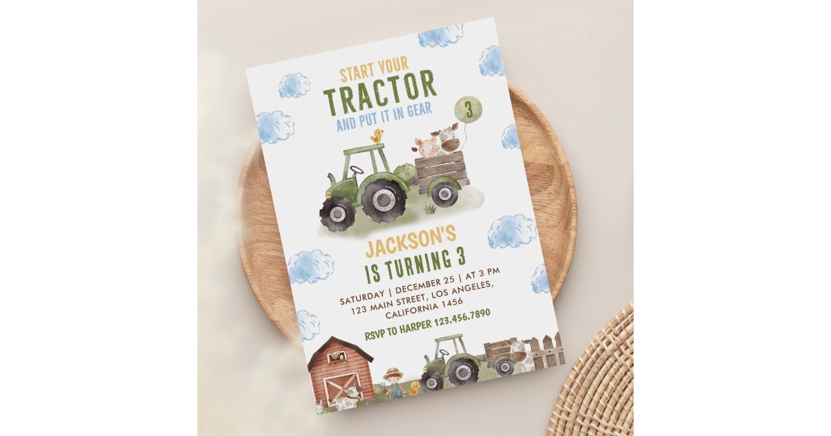 Green Tractor Farm Birthday Party Invitation | Zazzle
