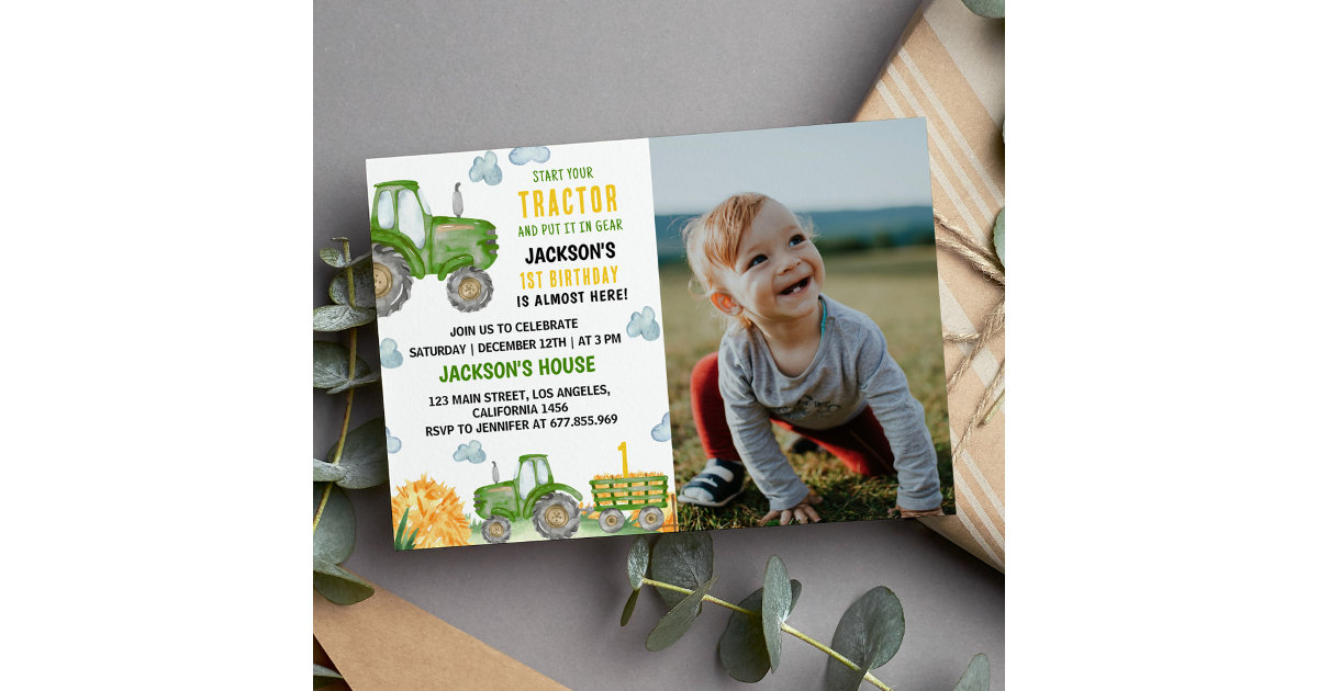 Green Tractor Farm Birthday Party Invitation | Zazzle
