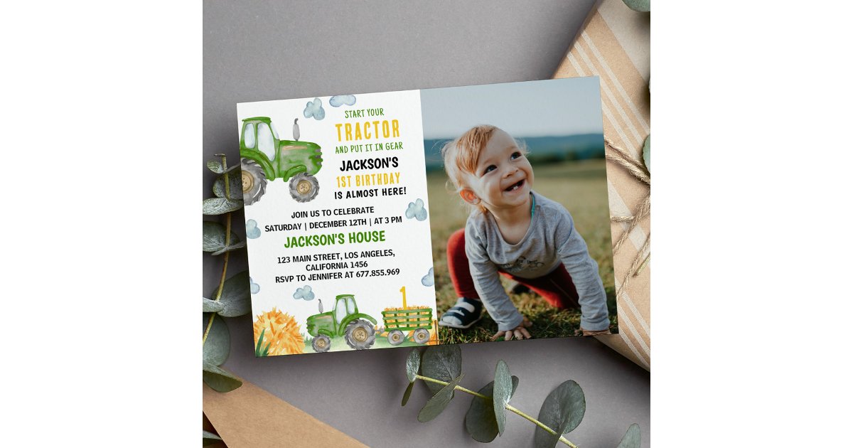 Green Tractor Farm Birthday Party Invitation | Zazzle