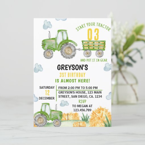 Green Tractor Farm Boy Birthday Party Invitation | Zazzle