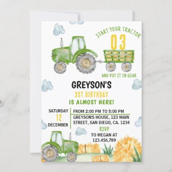 Green Tractor Farm Boy Birthday Party Invitation | Zazzle